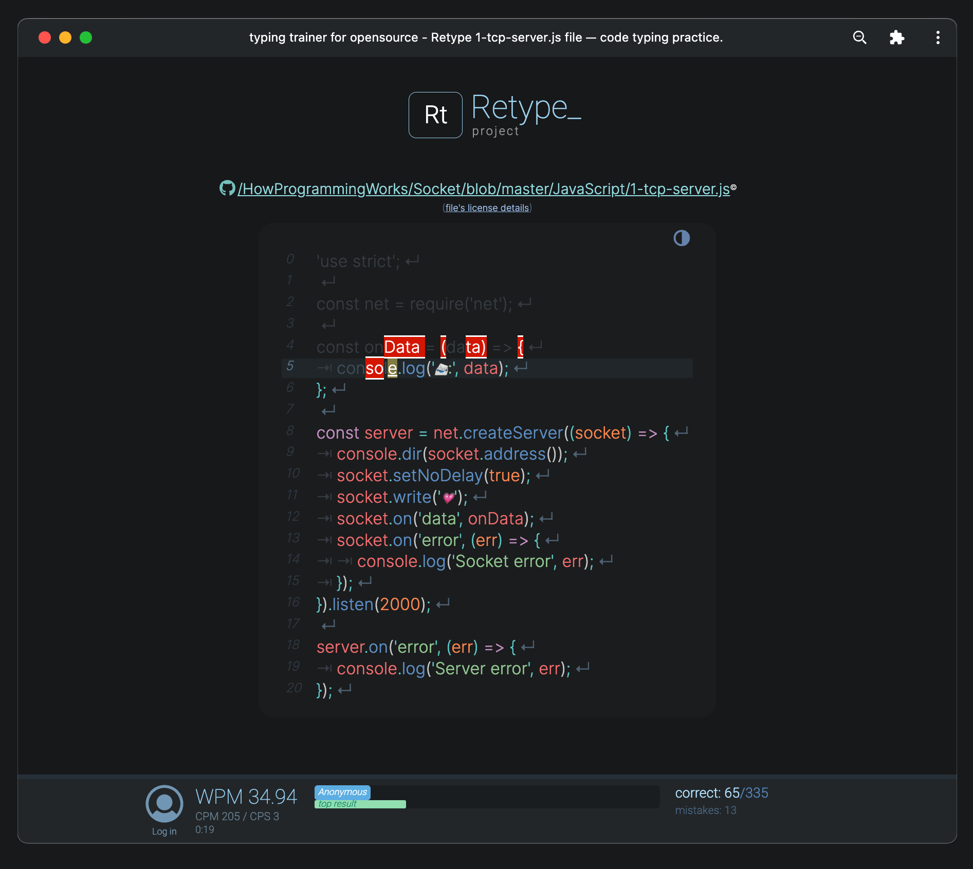 Retype Project: typing trainer for opensource